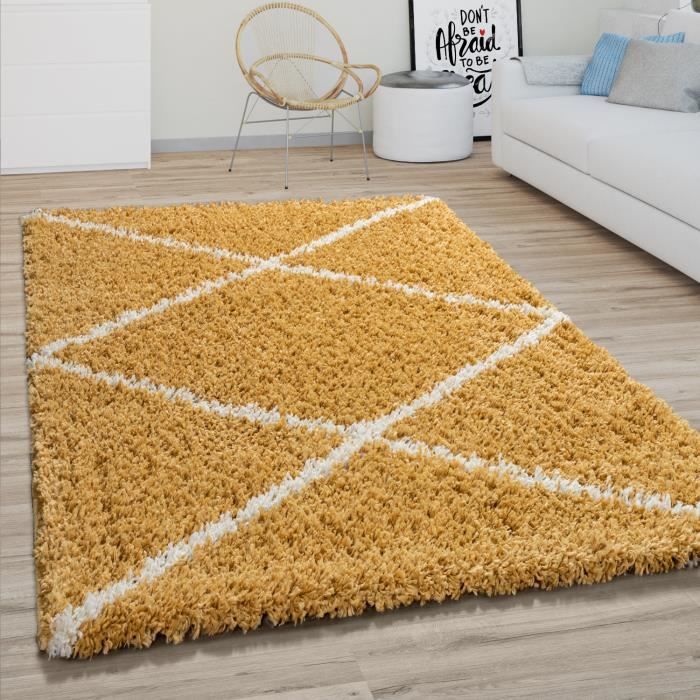Paco Home Tapis Poils Longs Salon Shaggy Motif Losanges Scandinave, Moderne Jaune 160 cm rond ...