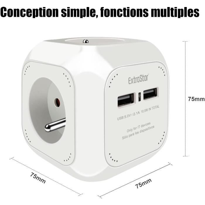 Multiprise Usb Cube, Bloc Multiprises Avec 4 Prises Et 2 Ports Usb ...