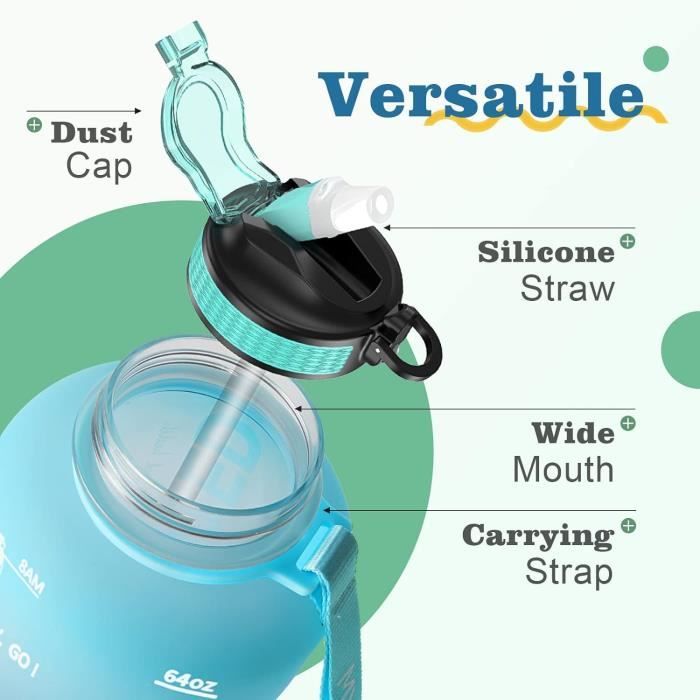 Bouteille D'Eau De 2,2 Litres Sans Bpa, Bouteille D'Eau De 2,2 L Avec Paille Et Marqueurs De ...