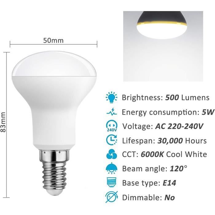 Ampoule Spot LED E14 R50 5W Équivalent Incandescent E14 40W, Blanc Froid 6000K, 500LM, 120 ...