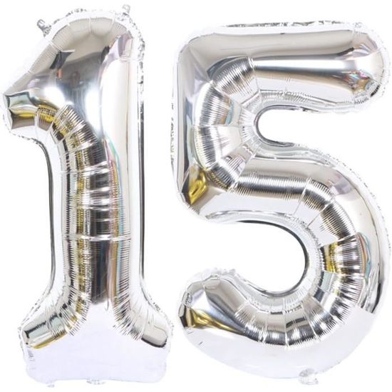 Ballon Anniversaire 15 Ans Argenté, 101 Cm Ballon Chiffre Numéro 15 ...