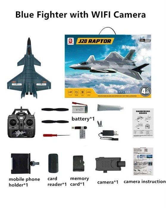 (Bleu avec caméra 1B)BBSONG 4 canaux RC avion J20 avion de chasse ...