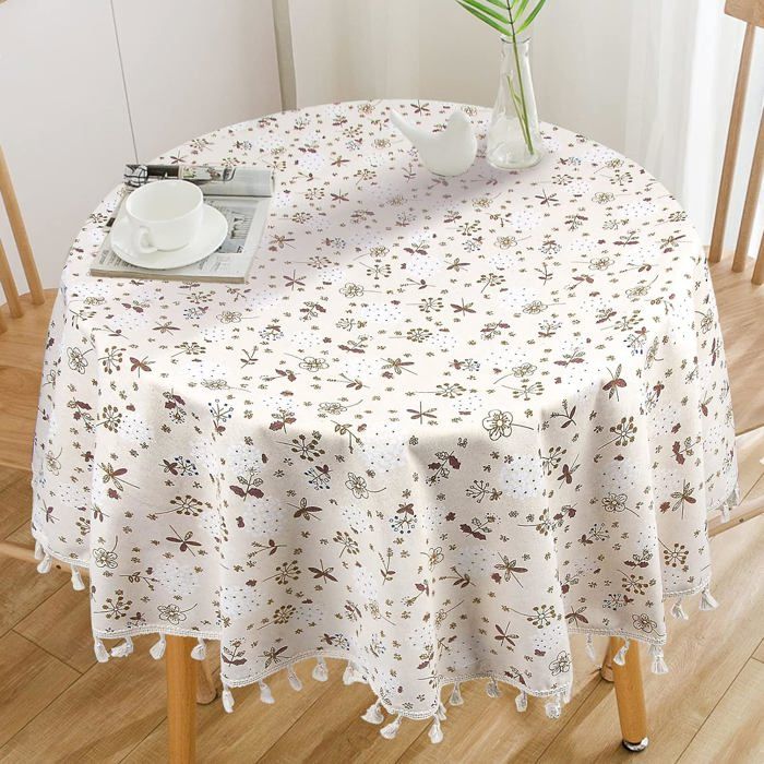 Nappe Ronde Coton et Lin Imprimé Fleuri Beige 150cm, Nappe Table Ronde ...