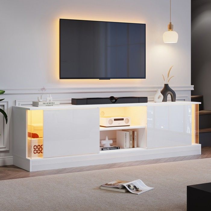 Meuble TV Blanc Brillant 70, Rangement LED, Design Sur Pied ...