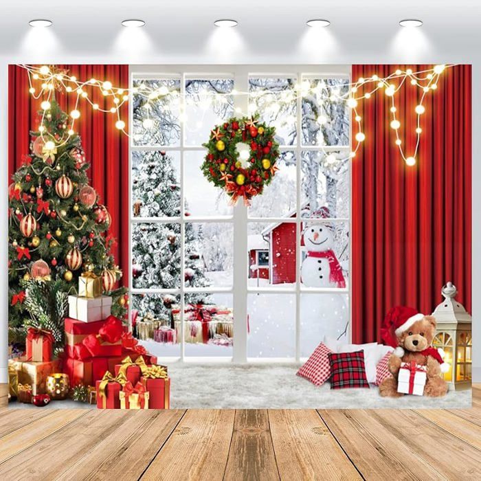 Toile de Fond de Noël 3x2.5m, Fenêtre Bonhomme De Neige Arbre De Noël ...
