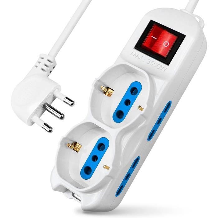 Multiprise 6 Emplacements, 4 Prises Double Usage 2P+T Bypass 10-16A + 2 Prises Schuko Multiusage ...
