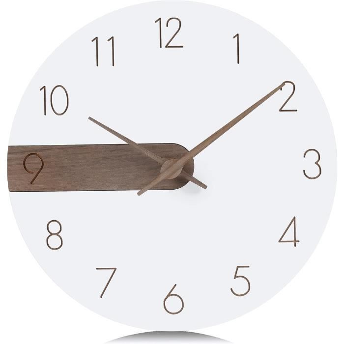 Horloge Murale Blanc Bois Moderne sans Cadre avec Chiffres Gravés ...