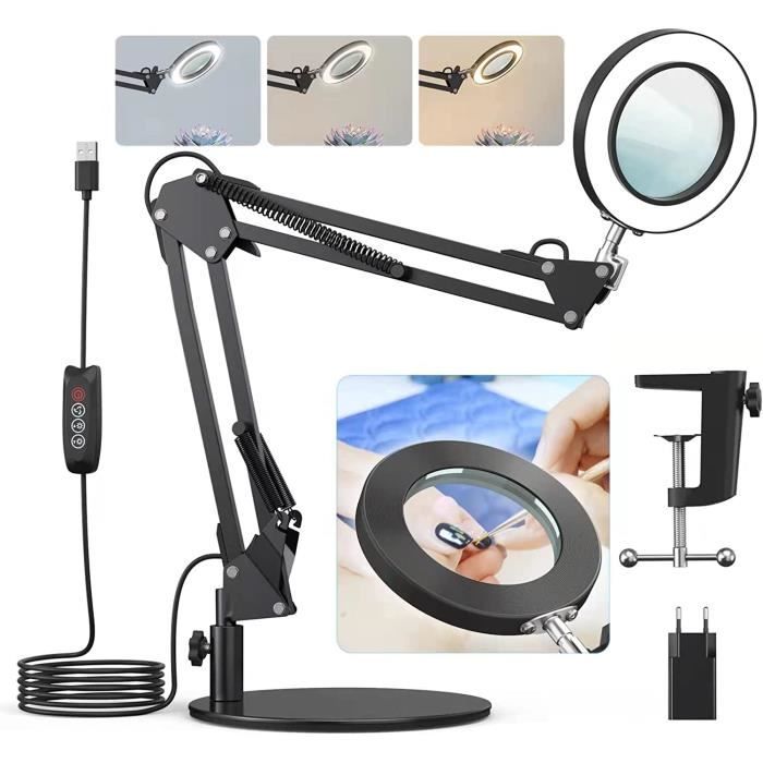 Lampe Loupe LED 3X, Lampe de Bureau Loupe 2 en 1 Avec Pince et Base ...