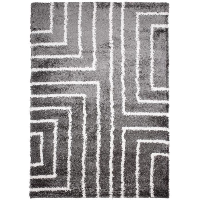 TAPISO Tapis Salon Shaggy Poils Longs EVRA Gris Blanc Géométrique Polypropylène Intérieur ...