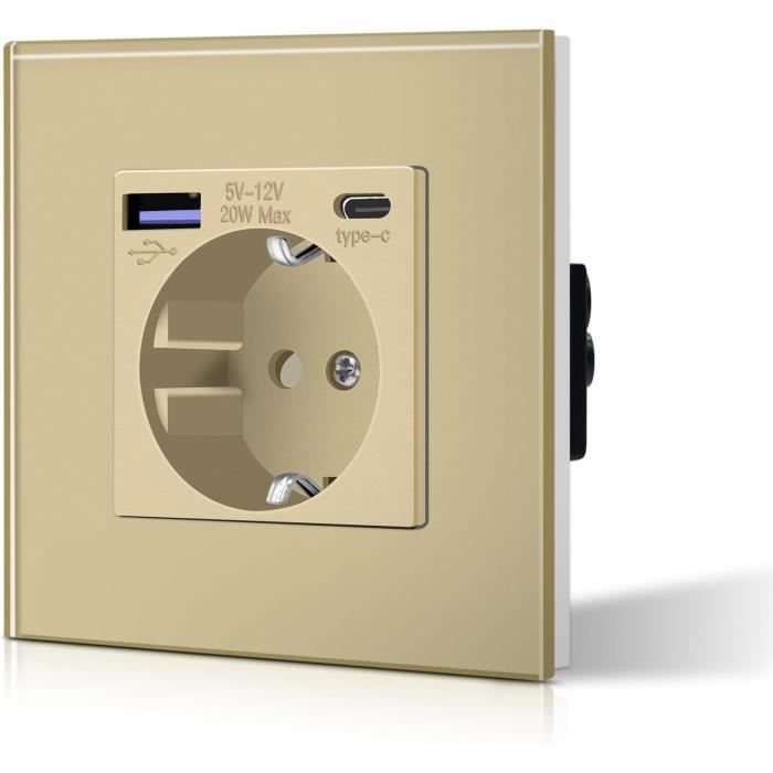 Prise murale Schuko avec chargeur rapide USB et Type-C 20 W, verre, prise encastrée 3 en 1 ...