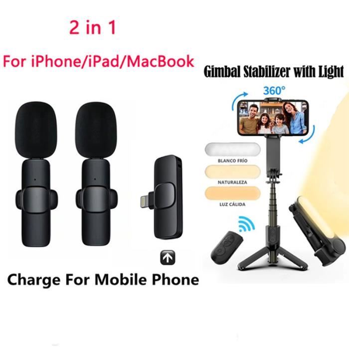 Dual Ios Gimbal Led Micro Bluetooth sans fil Lavalier pour iPhone et téléphone portable Android ...