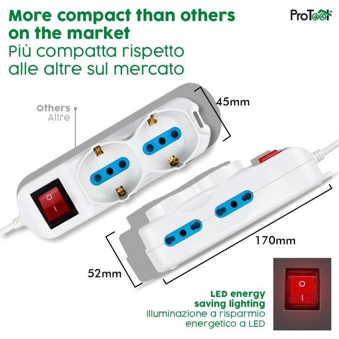 Multiprise 6 Emplacements, 4 Prises Double Usage 2P+T Bypass 10-16A + 2 ...