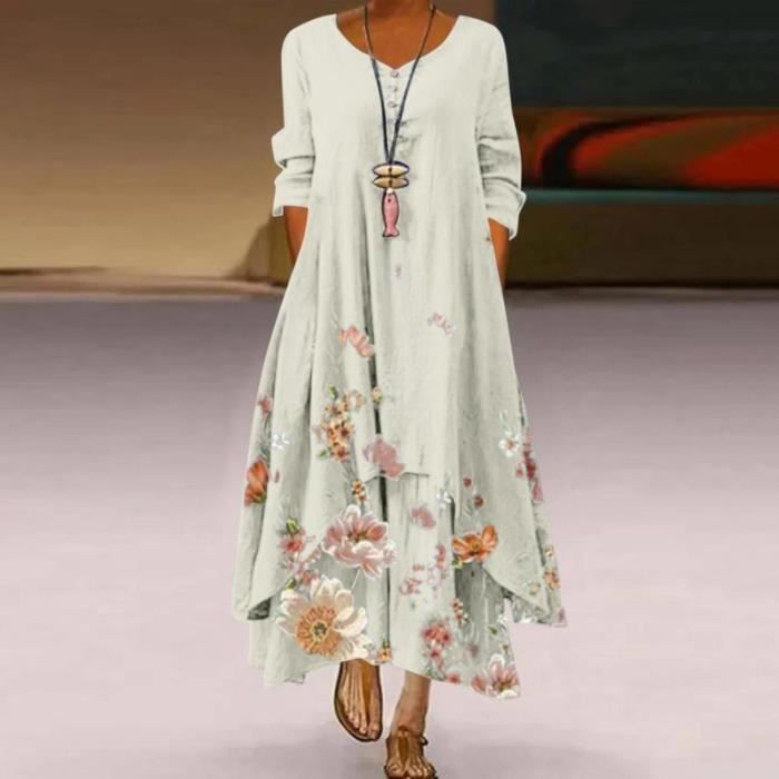 Robe Classique longue a imprime Floral pour femmes col rond ourlet ...