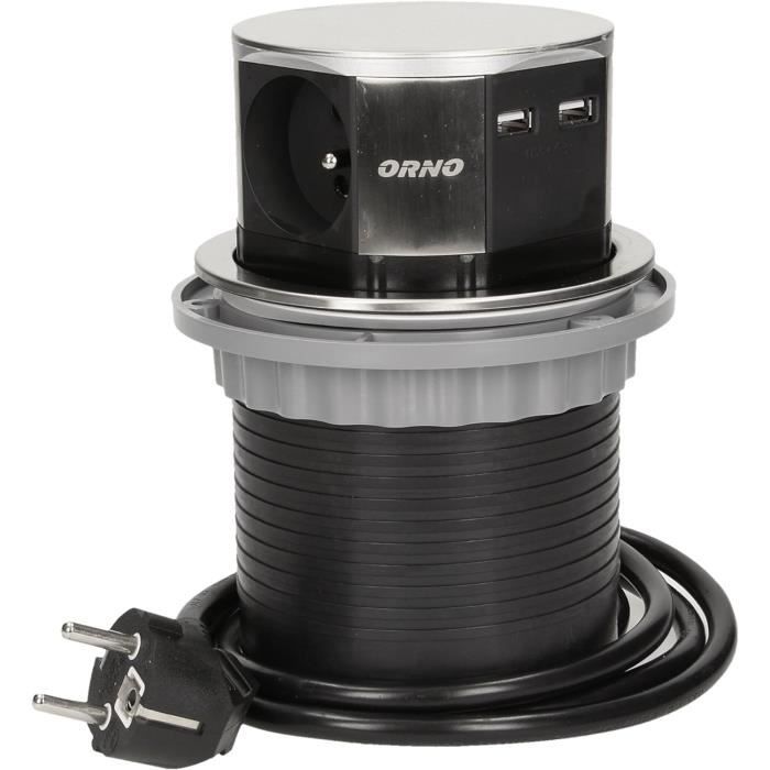 Multiprise rétractable 3 x 250 V AC, chargeur de bureau USB, acier ...