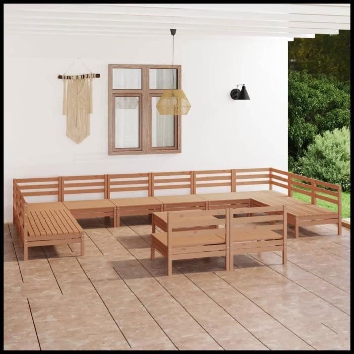 DXBK Salon de jardin 13 pcs Marron miel Bois de pin massif 3083462 ...