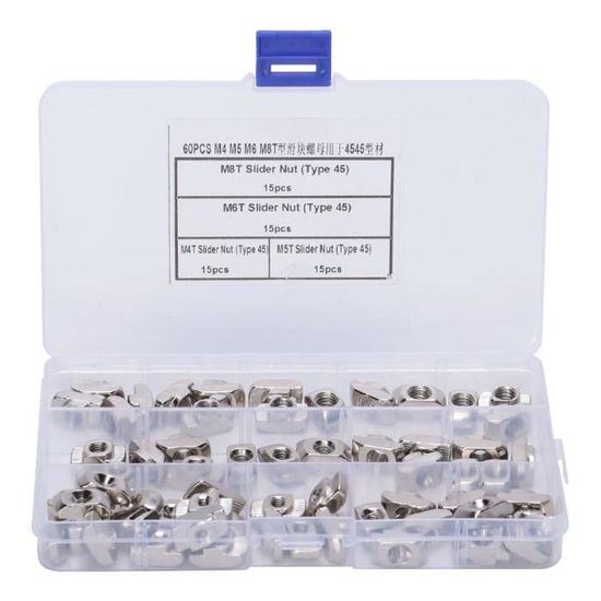 Écrous en T, Écrou coulissant à fente en T 60 pièces, Écrous de fixation de matériel M4 M5 M6 ...