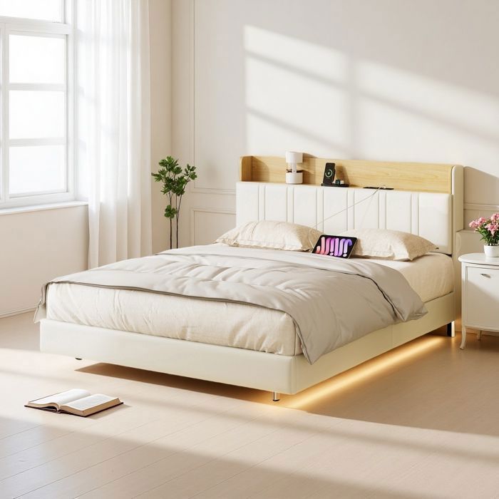 Lit Flottant Double 140x190 avec LED RGB,Prises EU et Tablettes ...