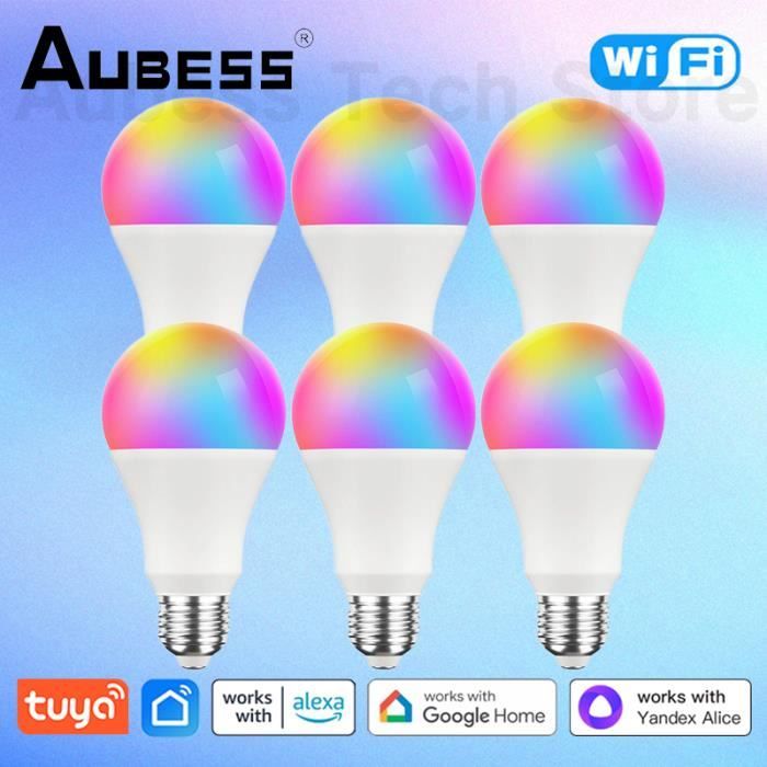 6 morceaux-B22-AUBESS-Ampoule LED Intelligente Tuya-B22, 15W, RGB, CW, WW, WiFi, pour Alice ...
