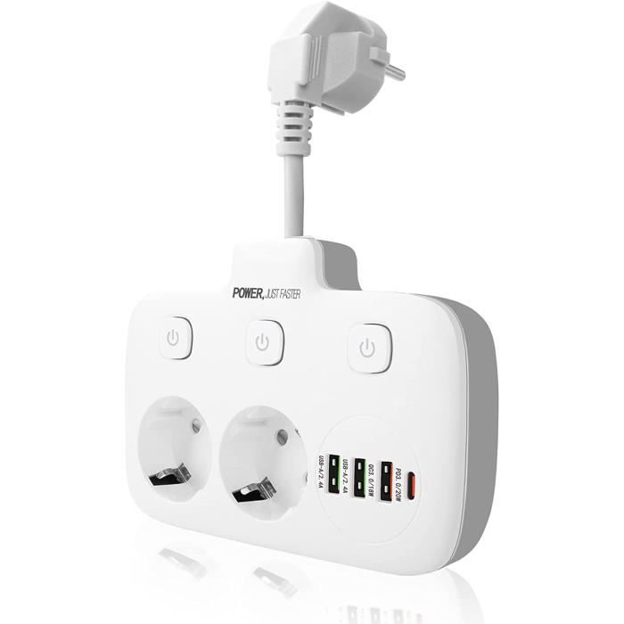 Multiprise Electrique, Multiprise Murale avec 2 Prises et 3 Ports USB - 18W QC 3.0-20W PD3.0 ...