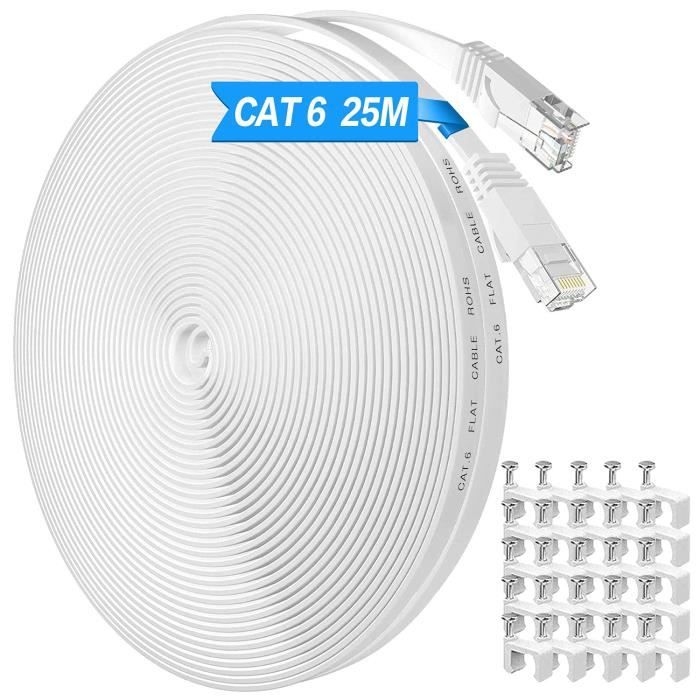 Cable Rj45 25m, Réseau Plat Cat 6 Cable Ethernet 25 Mètres Haut Débit Fibre Internet Blanc très ...