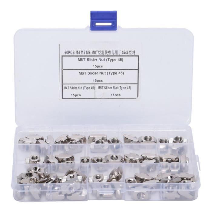 Écrous en T, Écrou coulissant à fente en T 60 pièces, Écrous de fixation de matériel M4 M5 M6 ...