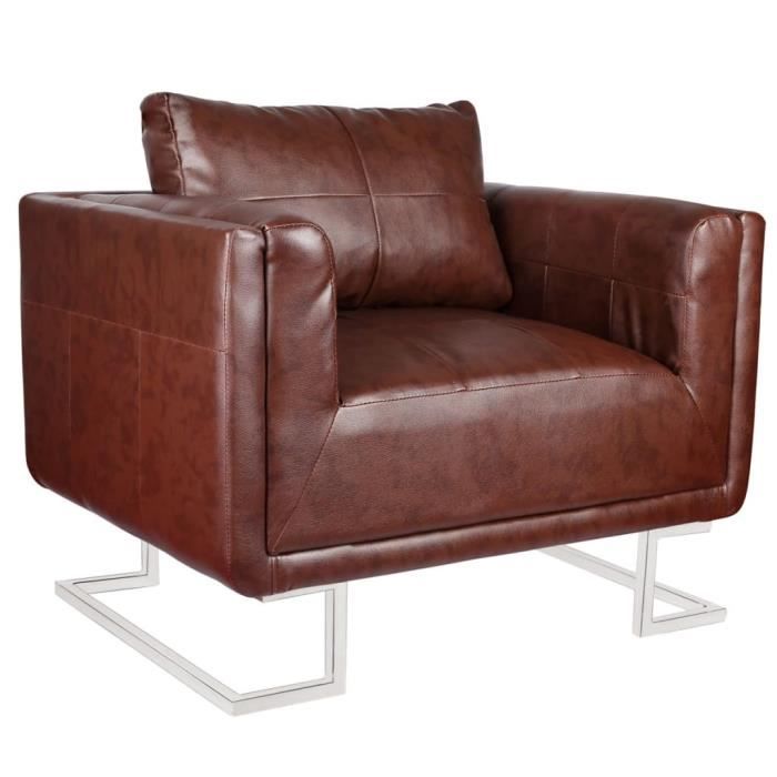 Fauteuil Salon MVS - Fauteuil cube avec pieds chromés Marron Similicuir ...