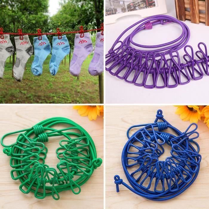 Lot de 4 Pcs Fil à Linge Élastique Étendoir Etendage avec 12 Pinces à ...