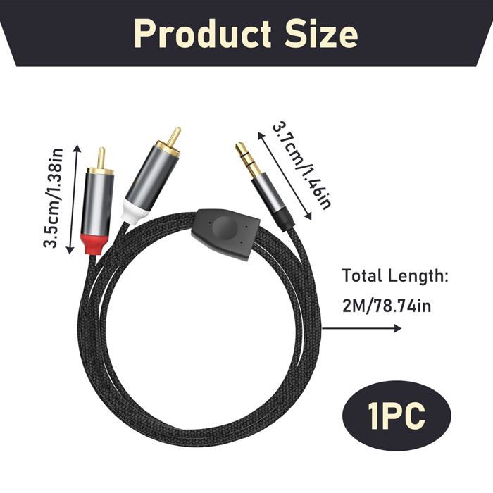 Câble Audio Jack 3.5mm Mâle vers 2 RCA Mâle Stéréo 2M, Cable Cinch Jack ...