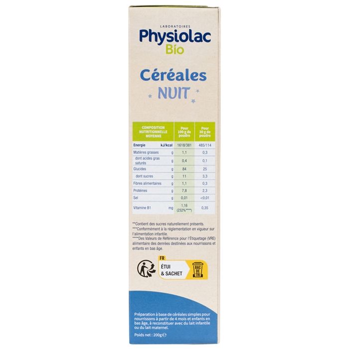 Physiolac Bio Céréales Nuit 200 g - Achat / Vente céréales bébé ...