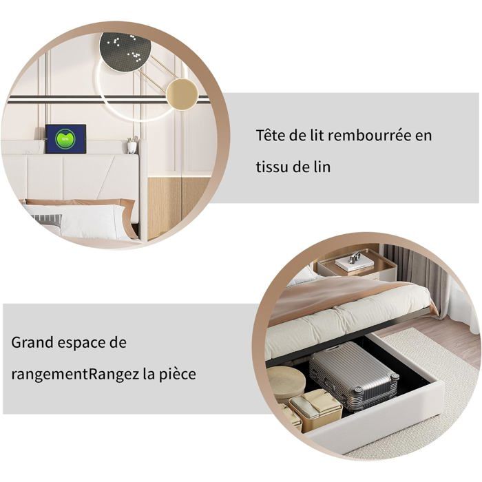 Lit Coffre 160x200, hydraulique, double rembourré USB & Type-C, sommier ...
