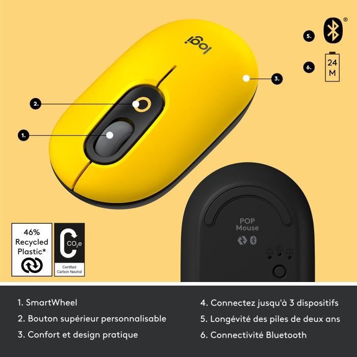 Souris - Sans fil - Logitech - Pop Mouse - avec Emoji - Jaune ...