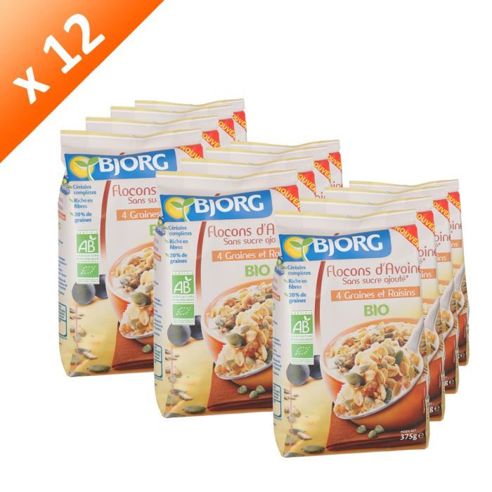 BJORG Flocons d'Avoine Raisins Bio 375g (x12) - Cdiscount Au quotidien