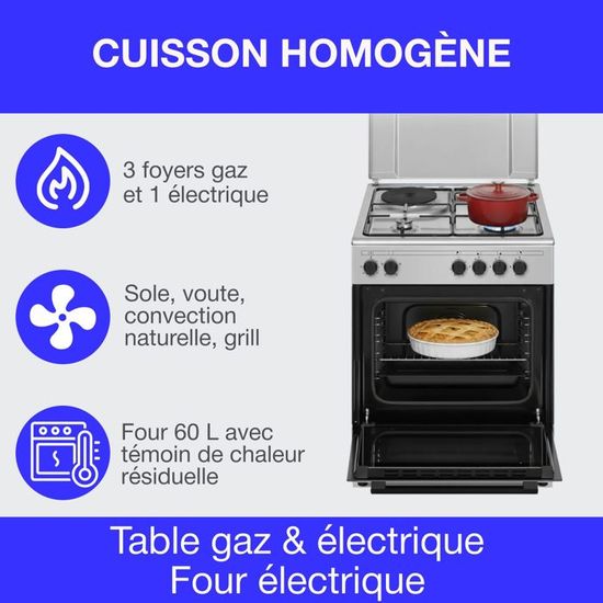 Cuisinière mixte CONTINENTAL EDISON CECM60FCS - 3 feux gaz + 1 électrique - L59,8 x P61 xH83 cm ...