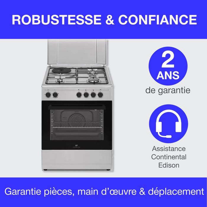 Cuisinière mixte CONTINENTAL EDISON CECM60FCS - 3 feux gaz + 1 ...