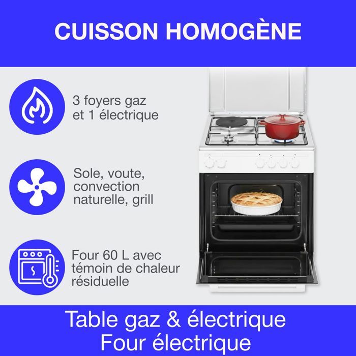 Cuisinière mixte CONTINENTAL EDISON CECM60FCW - 3 feux gaz + 1 électrique - L59,8 x P61 xH83 cm ...
