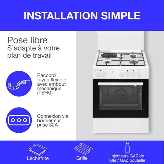 Cuisinière mixte CONTINENTAL EDISON CECM60FCW - 3 feux gaz + 1 électrique - L59,8 x P61 xH83 cm ...