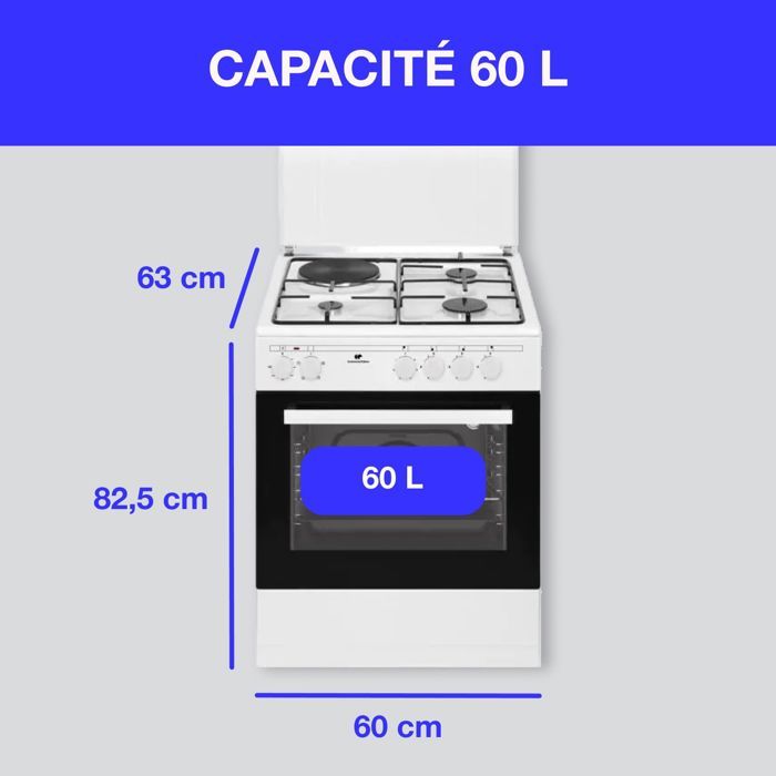 Cuisinière mixte CONTINENTAL EDISON CECM60FCW - 3 feux gaz + 1 électrique - L59,8 x P61 xH83 cm ...