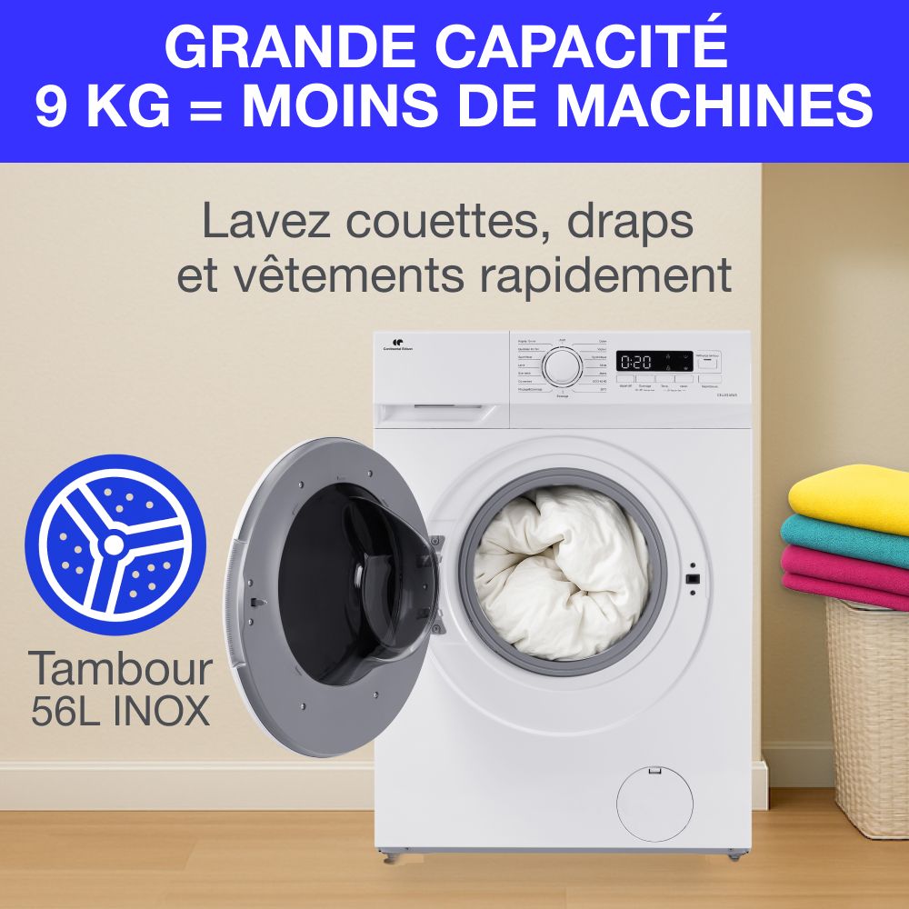 Lave-linge hublot CONTINENTAL EDISON CELL914IWS - 9 kg - Largeur 59,5 ...