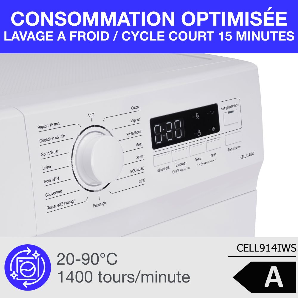 Lave-linge hublot CONTINENTAL EDISON CELL914IWS - 9 kg - Largeur 59,5 ...