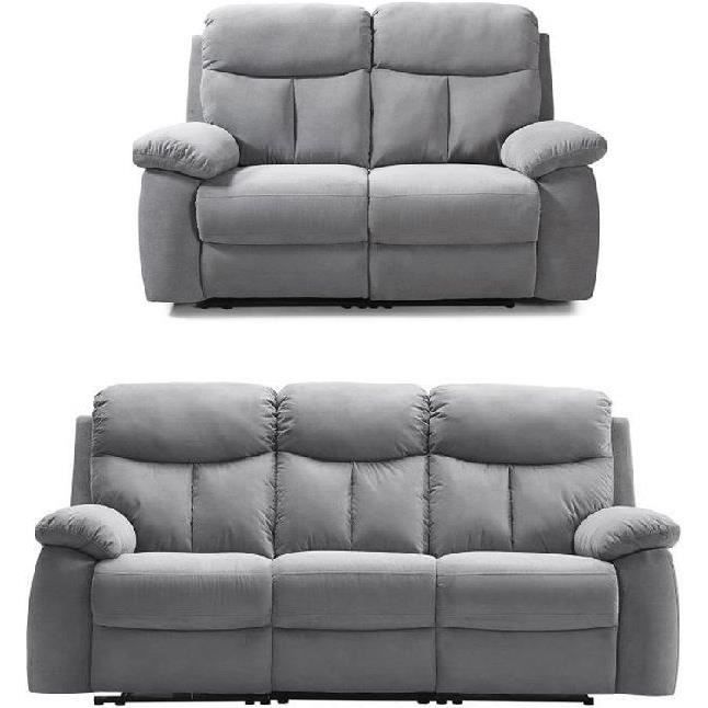 Ensemble Canapé 2 places + 3 places relax manuel - Tissu gris - Belem ... Ensemble Canapé 2 places + 3 places relax manuel - Tissu gris - Belem ...