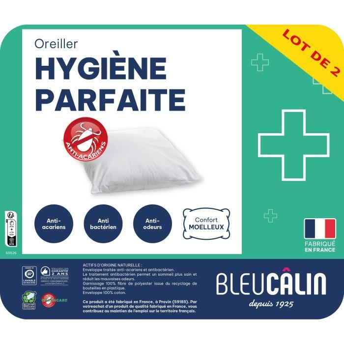 Lot de 2 oreillers greencare - 60 x 60 cm - BLEU CALIN - Blanc ...
