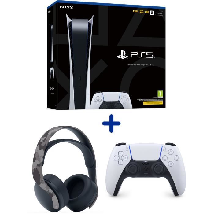 Pack PS5 Digital : Console PS5 Digitale + Casque-Micro Sans Fil Pulse 3D Camo + Manette ...