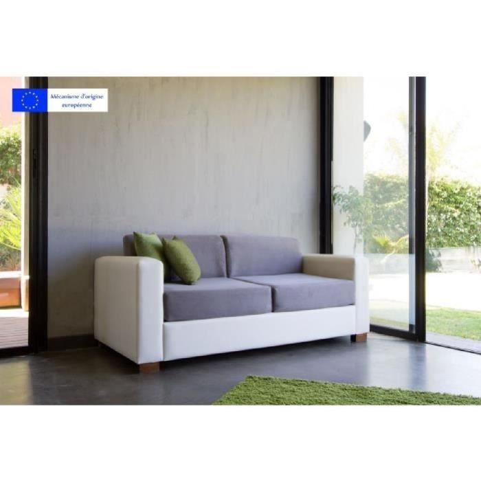 RODEO Canapé droit convertible 3 places - Tissu gris et simili blanc ...