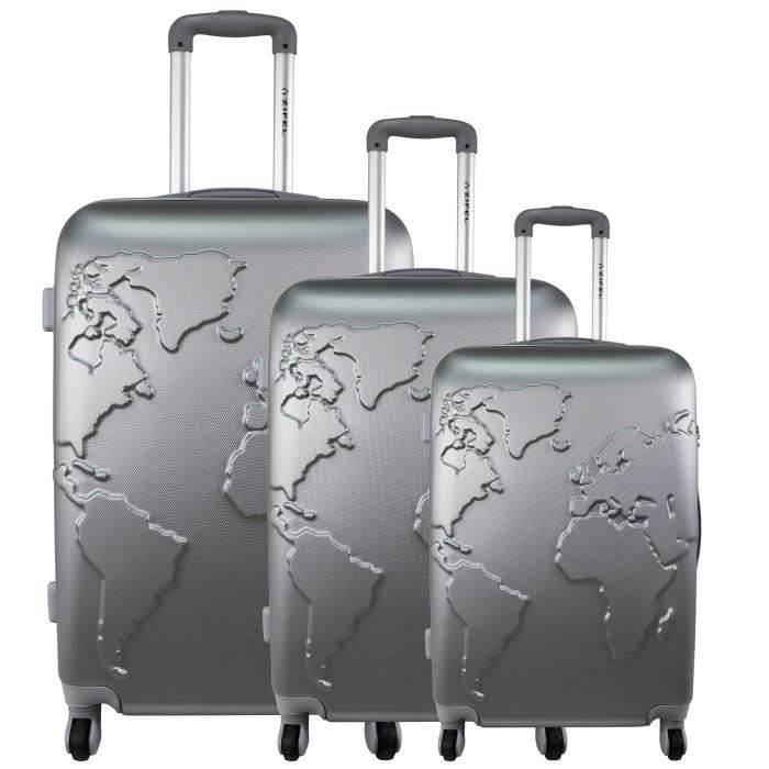 ZIFEL Set de 3 Valises Rigide ABS 4 Roues 50-60-70cm MONDE Gris Clair