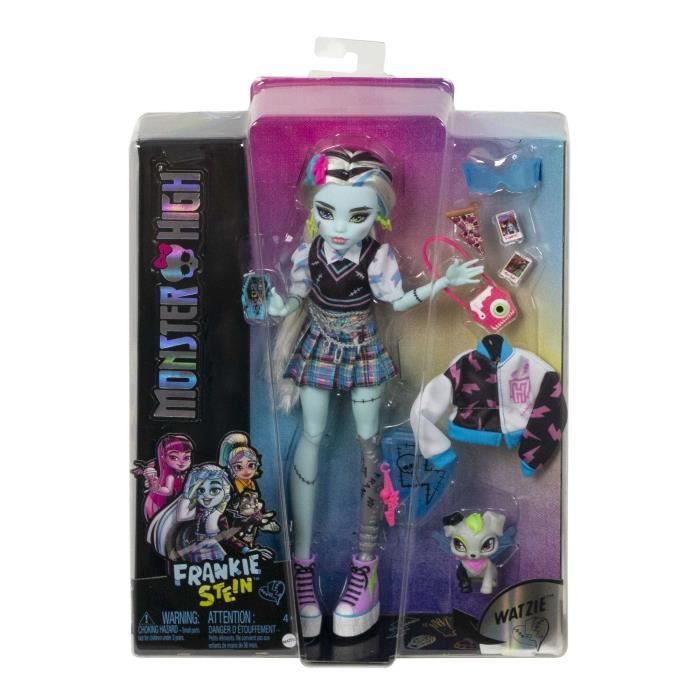 Monster High-Frankie Stein-Poupée avec animal, cheveux noirs et bleus ...