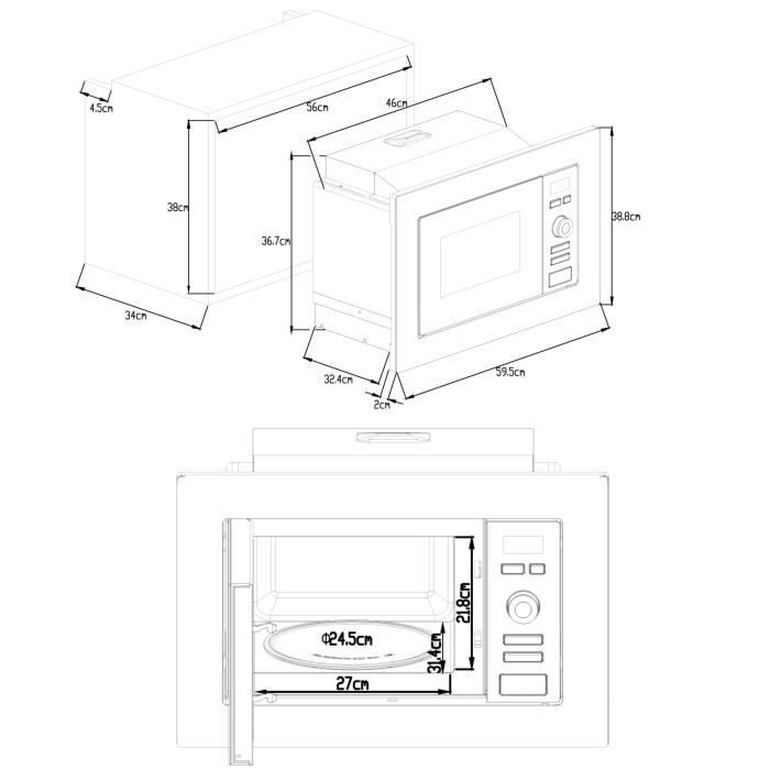 Four micro-ondes encastrable CONTINENTAL EDISON MO20IXES Noir et Inox L59,5 x 38,8 x P34,5 cm ...